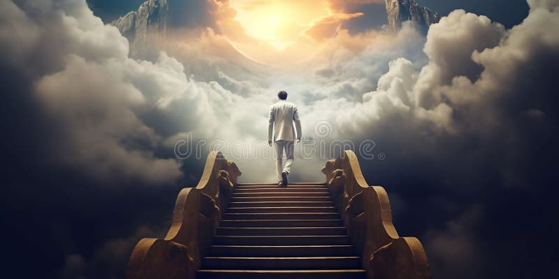 Man Climbing Stairs Leading To Heaven. Stock Illustration ...