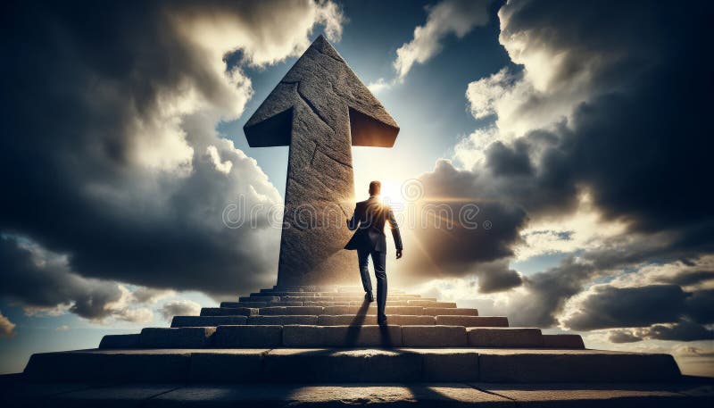 Man Climbing Stairs Towards a Large Arrow, Symbolizing Growth and ...