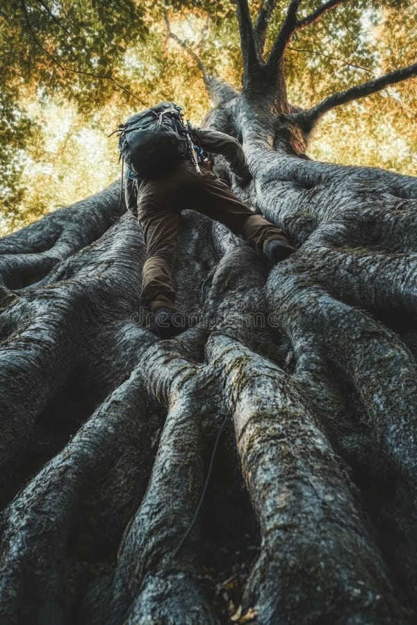 A Man is Climbing a Tree with a Backpack on His Back Stock Illustration ...