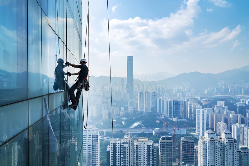 Man Climbing Up Skyscraper stock image. Image of building - 311328529