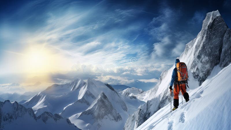 Man Climbing Up Snow Covered Mountain Stock Image - Image of ...