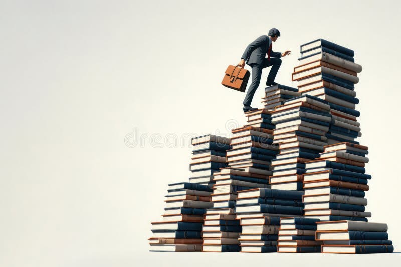 A Man Climbing Up the Stacks of Books. Space for Text. Stock ...