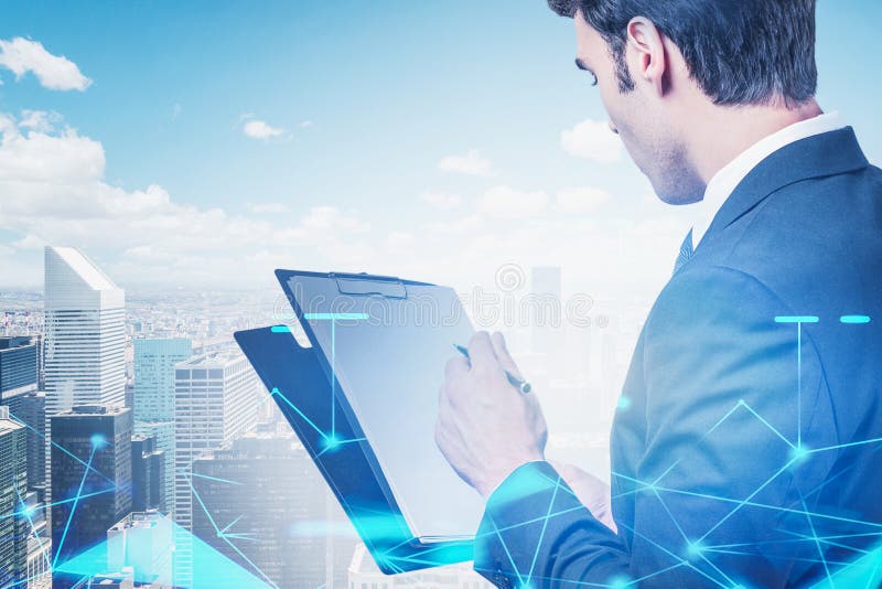 Man with Clipboard in City, Network Interface Stock Image - Image of ...