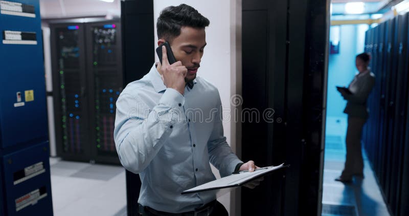 Man, Clipboard and Server Room, Phone Call and Information Technology ...