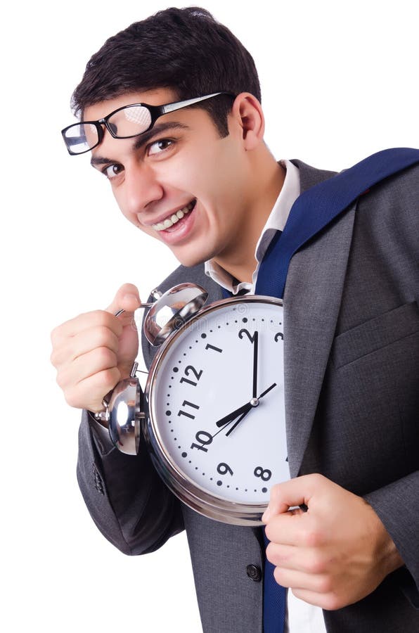 Man with Clock Afraid To Miss Deadline Isolated Stock Image - Image of ...
