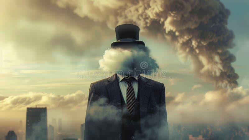 Man with Cloud Face Wearing a Top Hat in a Surreal Cityscape Stock ...