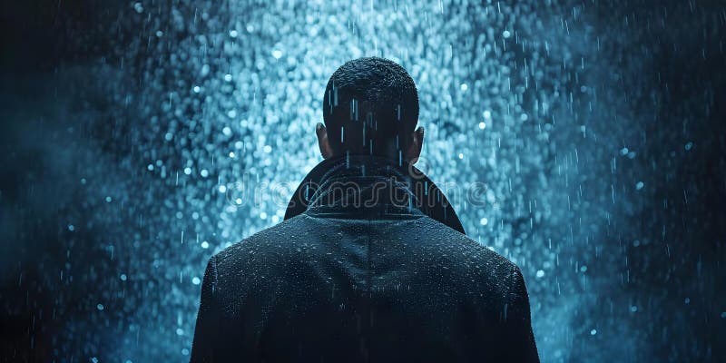 Man in Coat Facing Away in Moody Thriller Setting with Rain. Concept ...