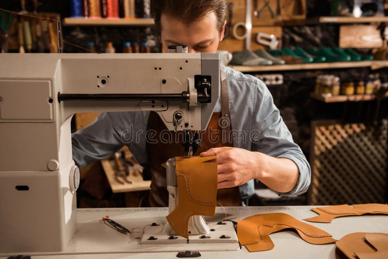 Man Cobbler Stitching Leather Patrs Stock Image - Image of leather ...