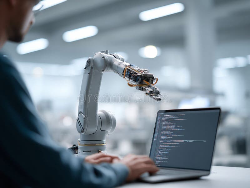 Man Codes a Robotic Arm. Symbol of Automation, Industry 4.0, and Tech Innovation Stock ...