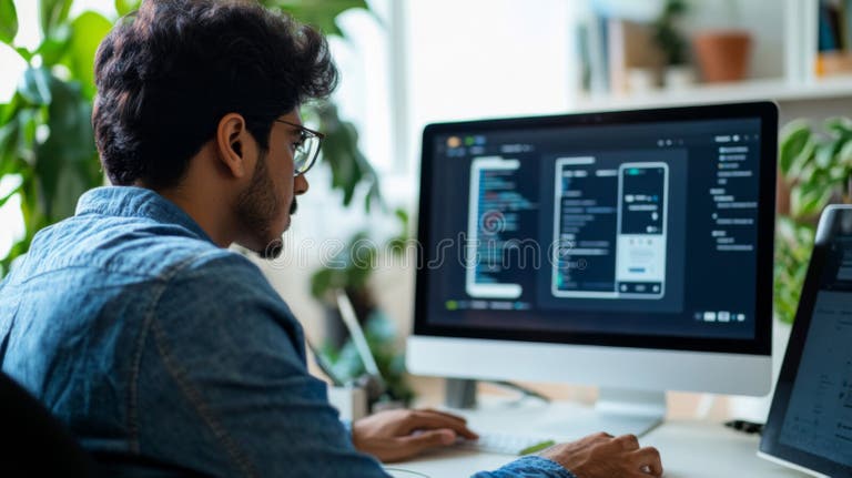 Man Coding on Computer with Application Display in Brightly Lit Indoor ...