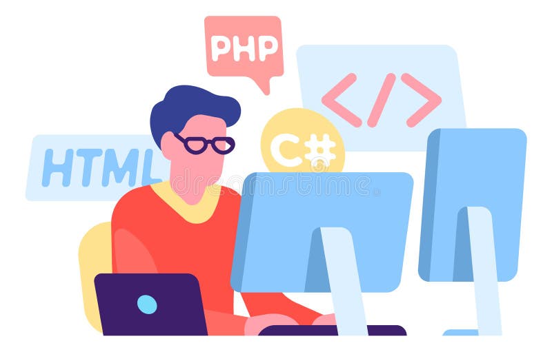 Man Coding At Computer Web Development Engineer Working With Programming Languages Stock Vector