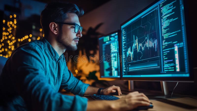 Man Working on Computer with Code and Charts on Dual Monitor Display Stock Illustration ...