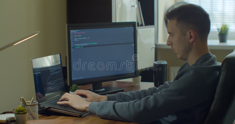 Man Coding Html And Programming On Screen Monitors Development Web Developer Stock Footage