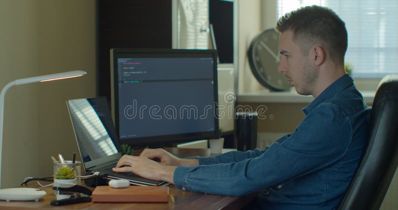 Man Coding Html And Programming On Screen Monitors Development Web Developer Stock Video