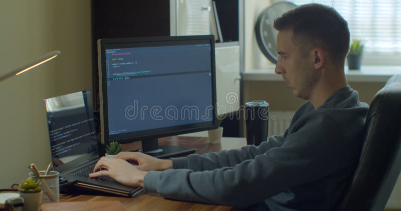Man Coding Html And Programming On Screen Monitors Development Web Developer Stock Image