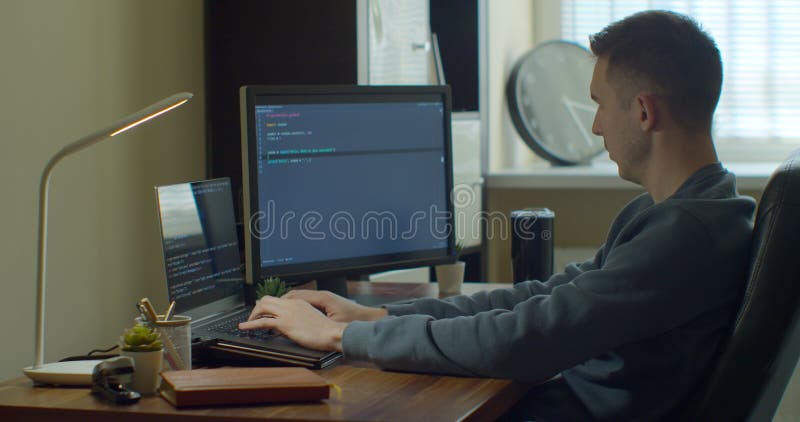 Man Coding Html And Programming On Screen Monitors Development Web Developer Stock Image