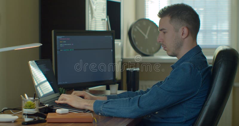 Man Coding Html And Programming On Screen Monitors Development Web Developer Stock Image