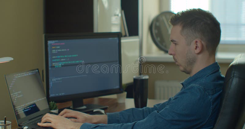 Man Coding Html And Programming On Screen Monitors Development Web Developer Stock Image