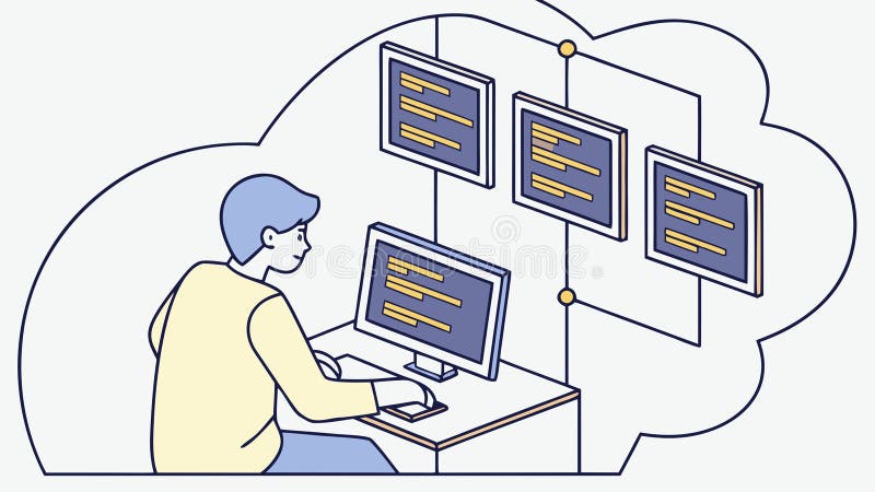 Man Coding on Multiple Screens, Productive Software Development, Vector Design Generative AI ...