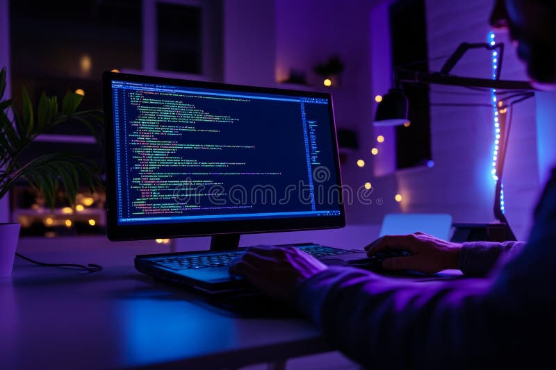 A Man Coding at Night on a Laptop Mockup Screen for Networking, Malware ...