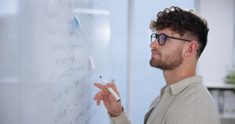 Man, Coding and Reading on Whiteboard in Office for Review, System ...