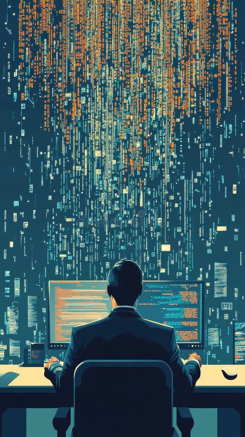 Man Coding at a Workstation Surrounded by Lines of Digital Data ...