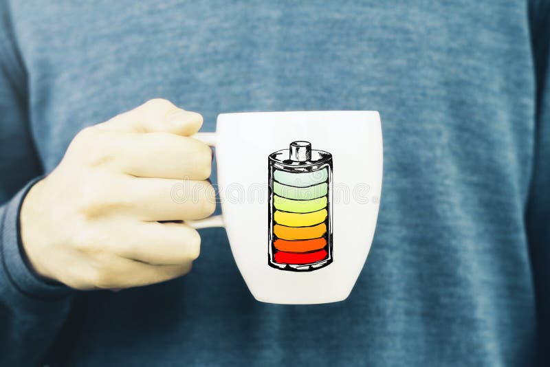 Man with Coffee Mug and Battery Illustration Stock Image - Image of ...