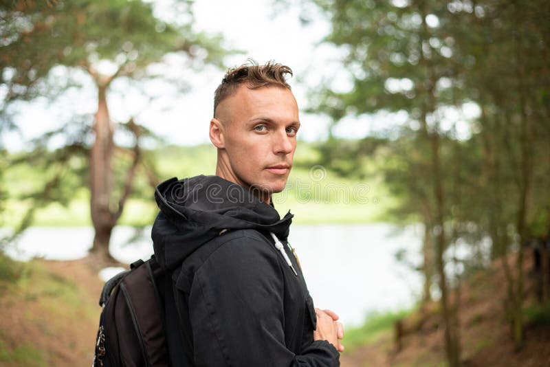 A Man in the Cold Season, in the Forest Stock Photo - Image of ...