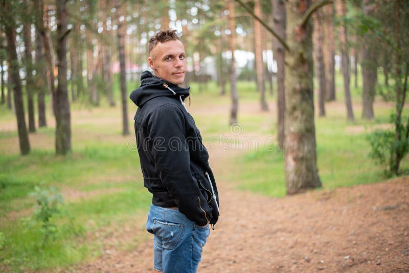A Man in the Cold Season, in the Forest Stock Image - Image of adult ...
