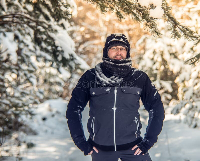 Man in winter posing stock photo. Image of forest, cold - 110764610