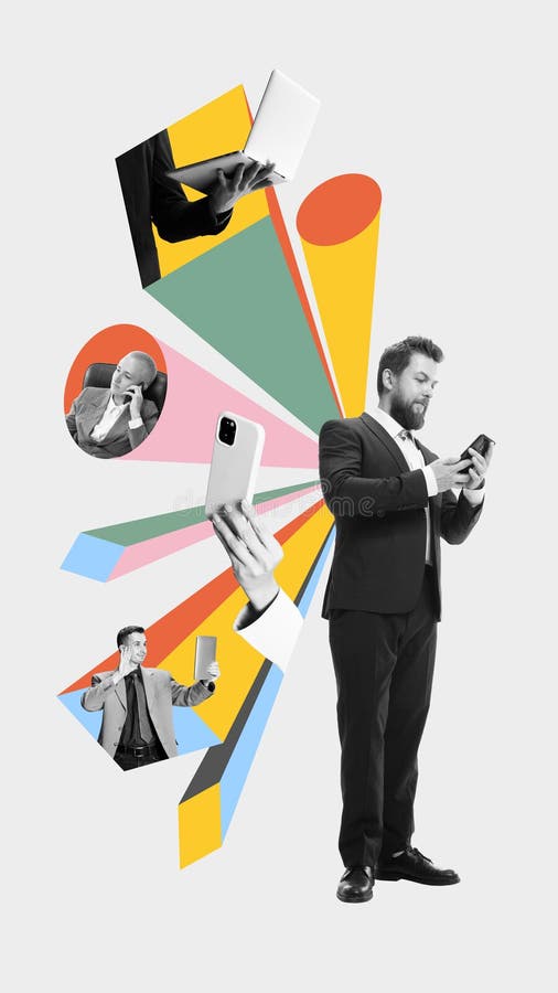 Man Collaborating with Team through Online Meeting. Conceptual Collage ...