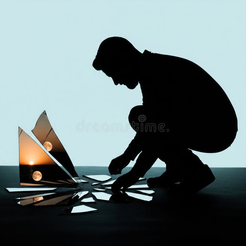 A Man Collects Shards of a Mirror that Reflect the Sun and Moon. Stock ...