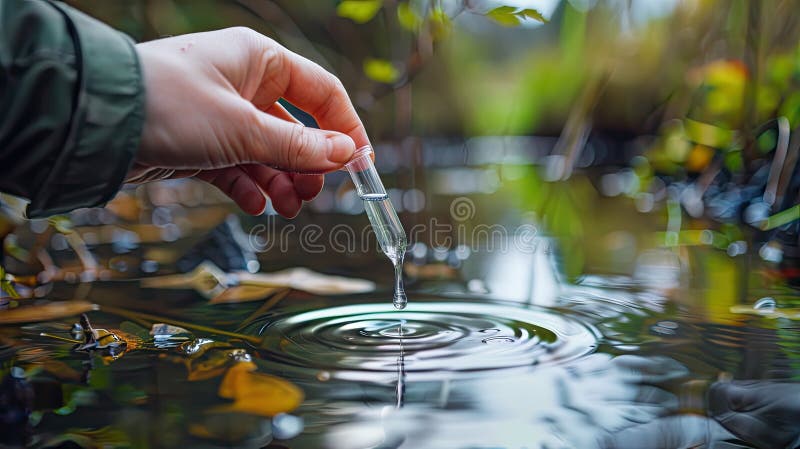 A Man Collects Water from the Lake in a Test Tube. Selective Focus ...