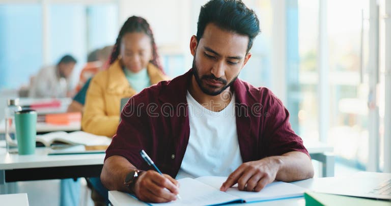 Man, College Student and Writing with Book in Classroom for Development ...