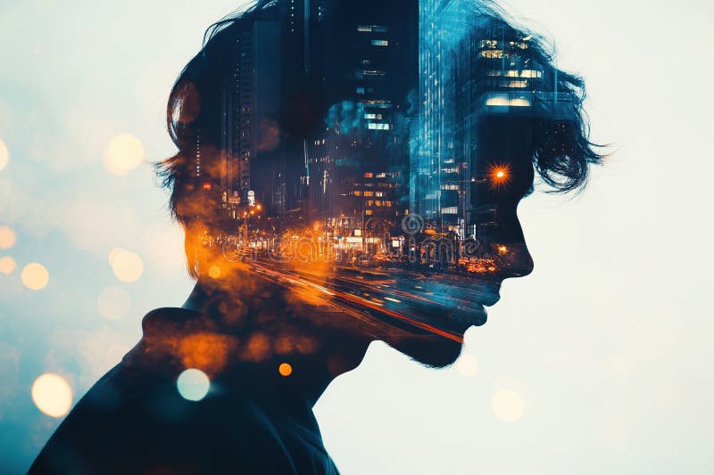 Man Combining with the City in Double Exposure Portrait Stock Image - Image of psychology ...