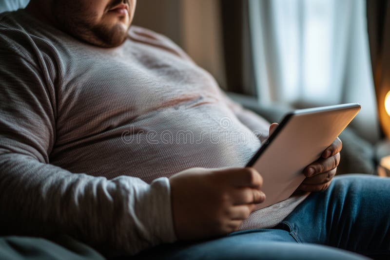 Very Overweight Individual Browsing Social Media on a Tablet, Seated ...