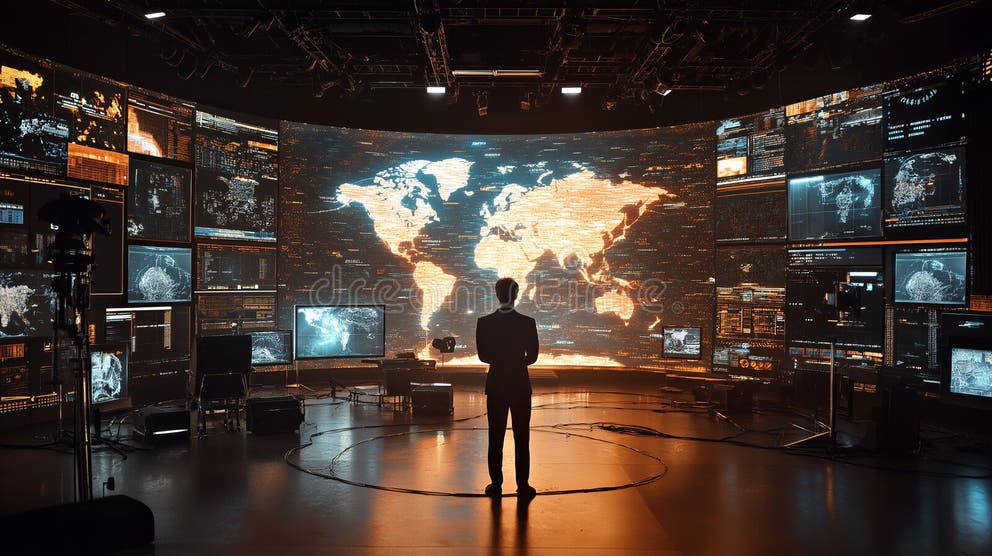 Man in Command Center Analyzing Futuristic World Map with Data on ...