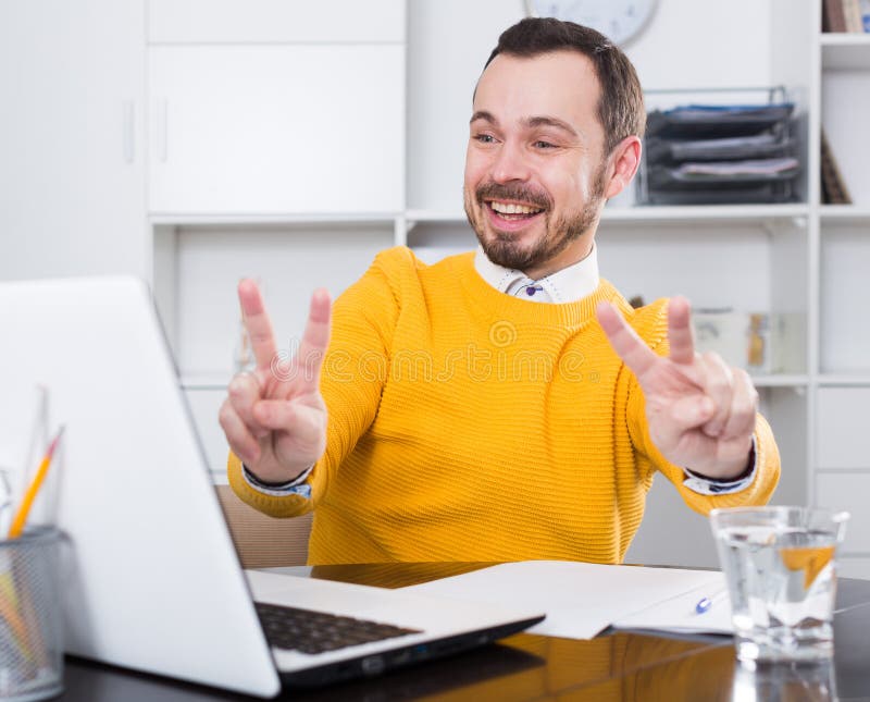 Man Communicate by Video at Office Stock Photo - Image of touch, office ...