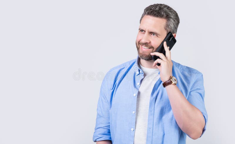 Man with Communication Call in Studio, Banner. Communication Call of ...