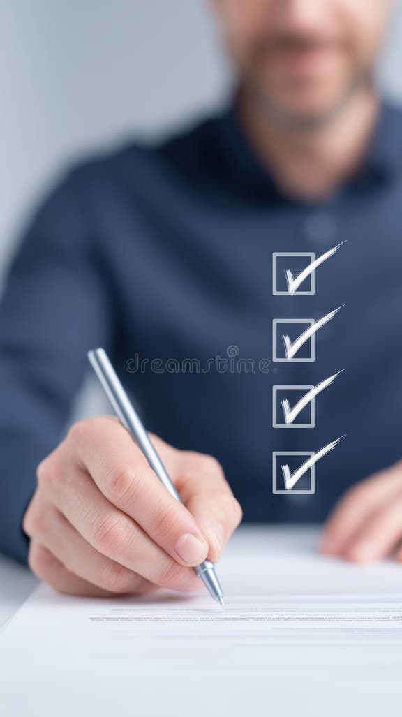 Man Completing Checklist with Pen, Focused on Task, Ensuring All Items ...