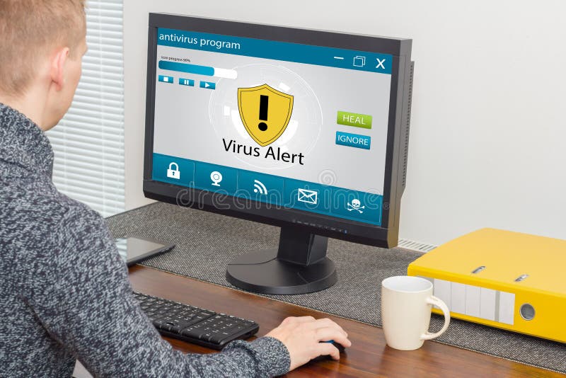 Man and computer antivirus stock image. Image of internet - 81402323