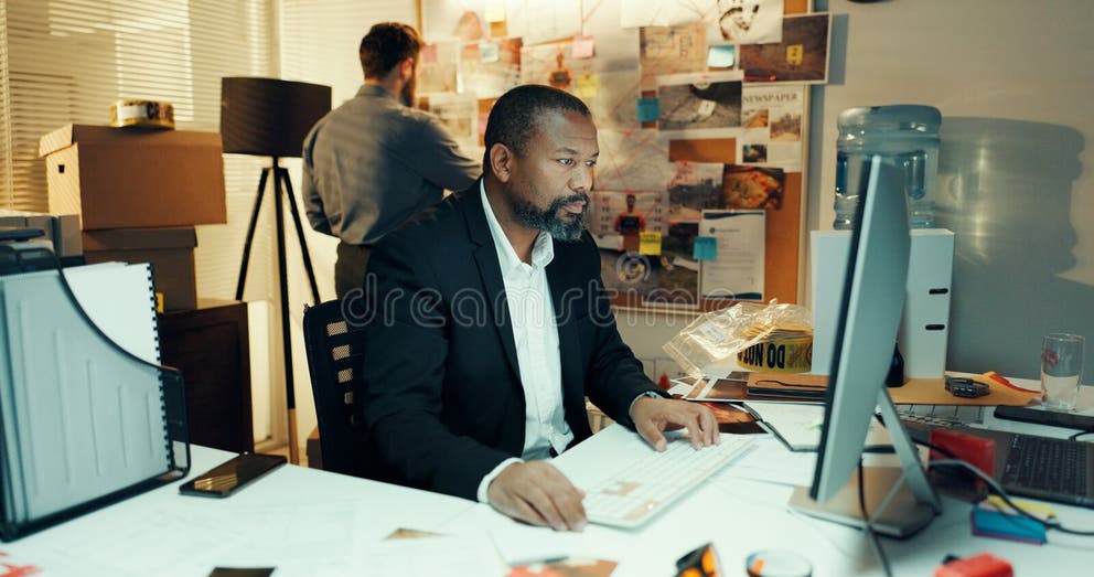 Man, Computer and Detective in Office with Research for Case, Search ...