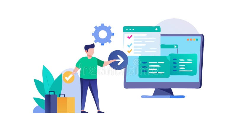 Man with Computer and Gear, Tech Support and it Solutions, Vector ...