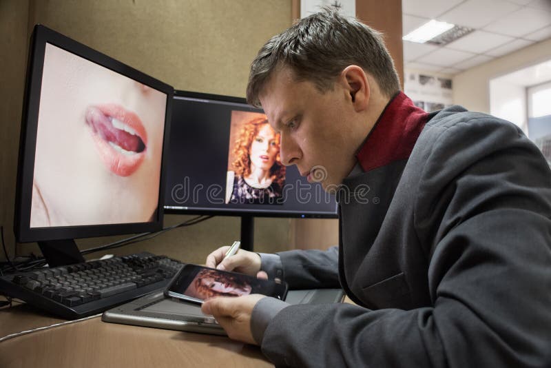 Man at the Computer Graphic Tablet. Stock Photo - Image of digitize ...