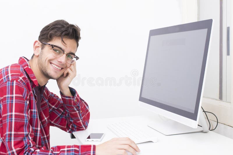 Man with computer at home stock photo. Image of education - 116022584
