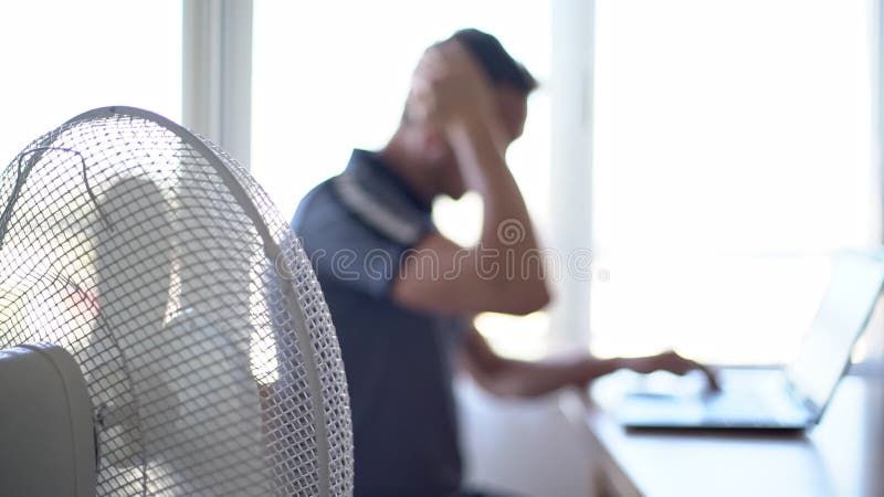 A Man at a Computer, Laptop in a Working Environment, with the Electric ...