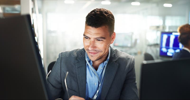 Man, Computer and Night in Office with Reading, Thinking and Smile for ... Man, Computer and Night in Office with Reading, Thinking and Smile for ...