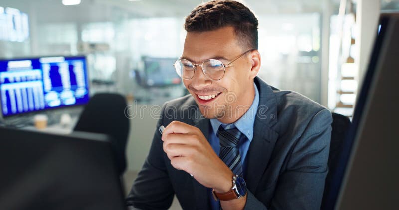 Man, Computer and Night in Office with Smile, Reading or Excited for ... Man, Computer and Night in Office with Smile, Reading or Excited for ...