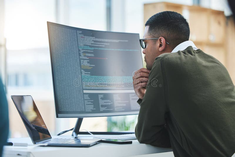 Man Computer Screen And Thinking Of Coding Programming Or Software