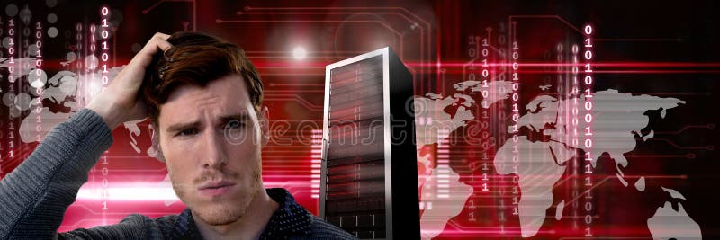 Man with Computer Server and Technology Information Interface ...